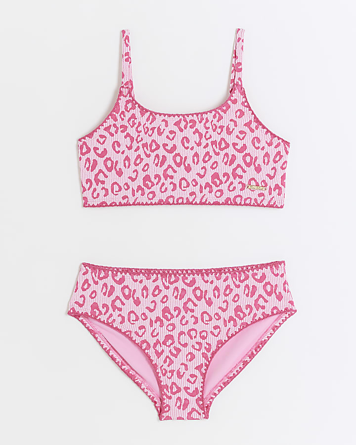 Girls Pink Textured Leopard Print Bikini Set River Island