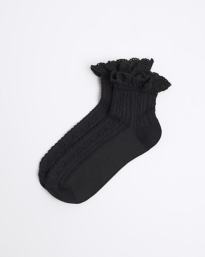 Black lace frill ankle socks River Island