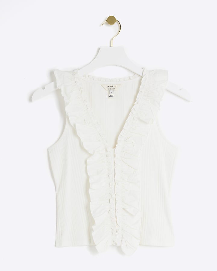 Cream ruffle detail ribbed tank top | River Island