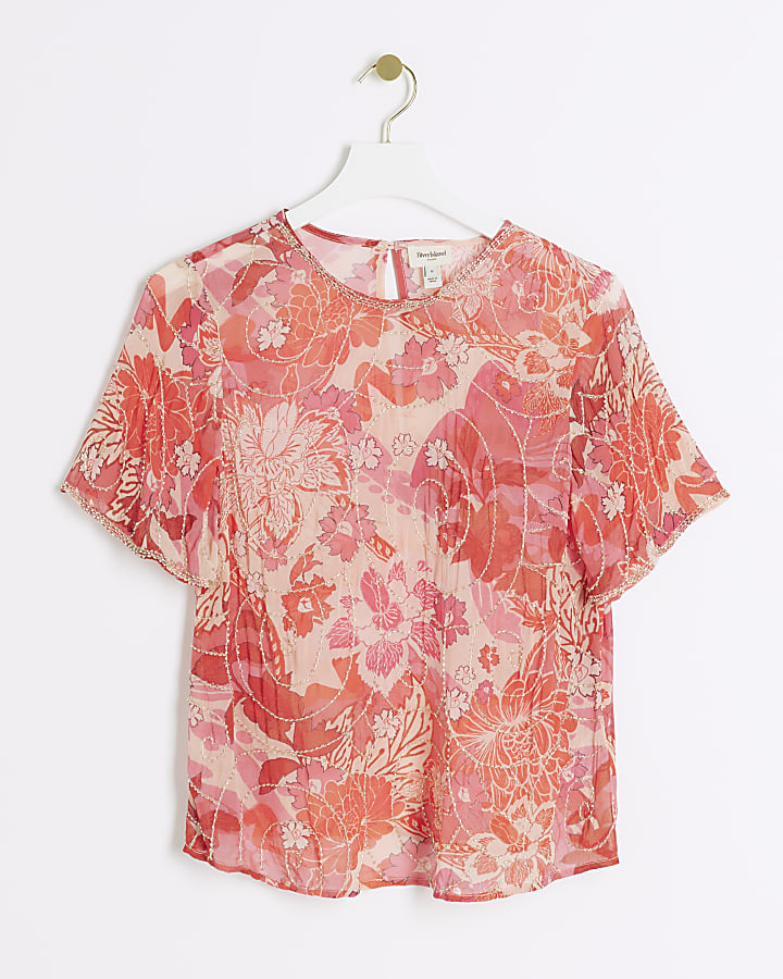 Red embellished floral t-shirt | River Island
