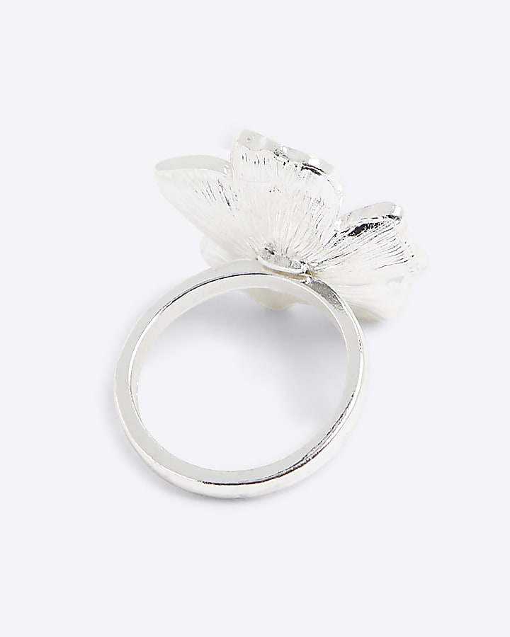 Silver Crystal Flower Ring | River Island