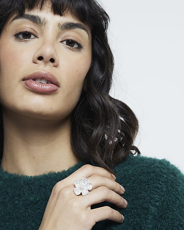 Silver Crystal Flower Ring | River Island