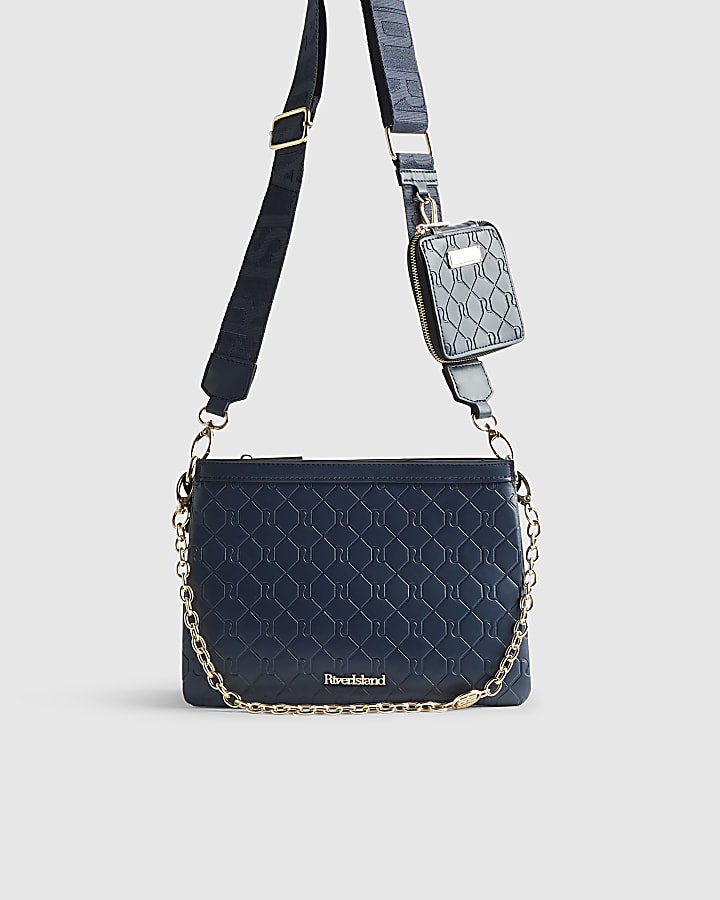 Navy Embossed Chain Front Cross Body Bag | River Island