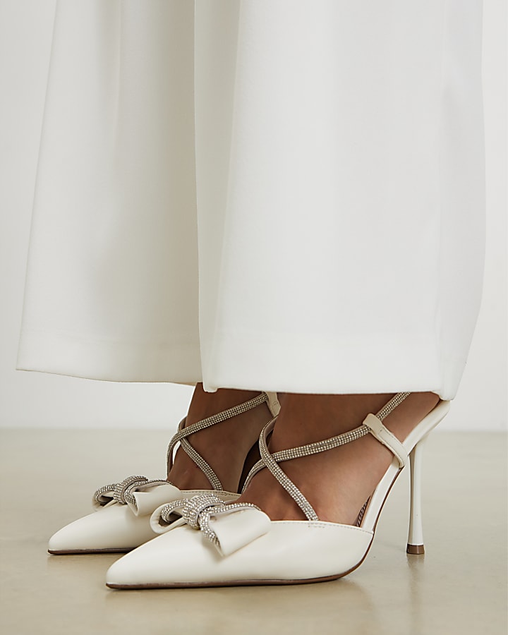 White Bow Diamante Court Heels | River Island