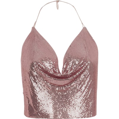 Pink Chainmail Cowl Halter Neck Harness Top Cami Sleeveless Tops