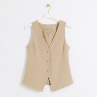 Beige button up long waistcoat | River Island
