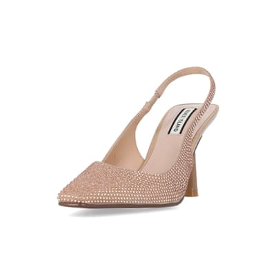 Beige Diamante Heeled Court Shoes River Island