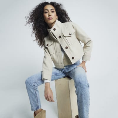 Beige Funnel Neck Crop Jacket | River Island
