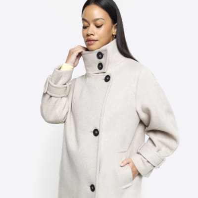 Beige funnel neck longline coat | River Island