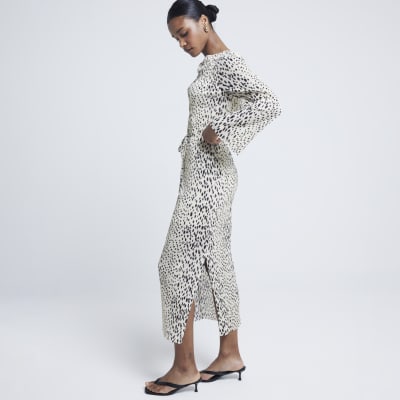 Beige Leopard Print Plisse Bodycon Midi Dress | River Island