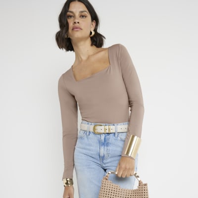 Beige Long Sleeve Bodysuit River Island