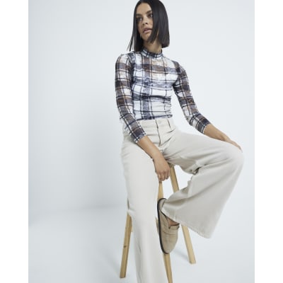 Beige Mesh Long Sleeve Check Top | River Island