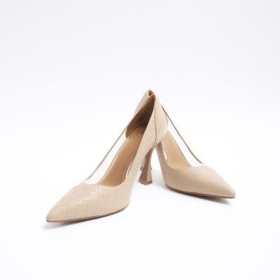 Beige mesh panel heeled court shoes | River Island