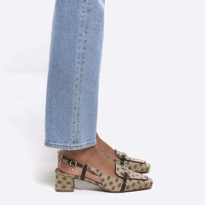 Beige RI monogram block heeled court shoes | River Island