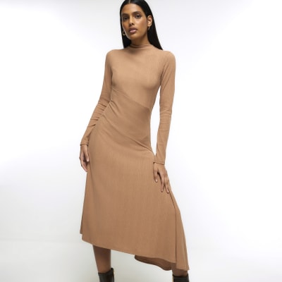 Beige rib asymmetric bodycon midi dress | River Island