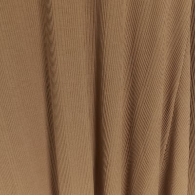 Beige rib asymmetric bodycon midi dress | River Island