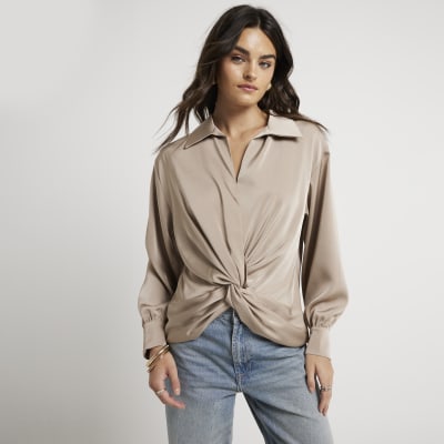 Beige satin front knot blouse | River Island