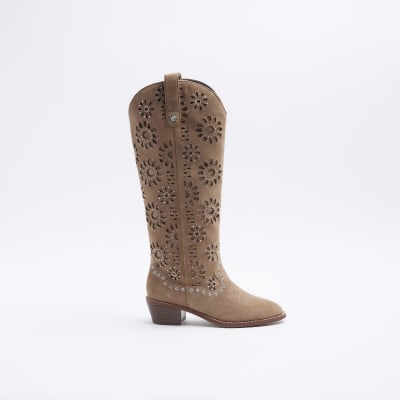 Beige Suede High Leg Cut Out Western Boot | River Island