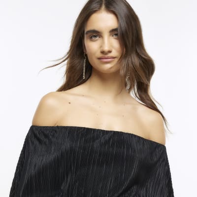 Black bardot drape plisse midi dress | River Island