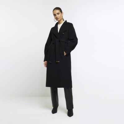 Black belted wrap coat | River Island