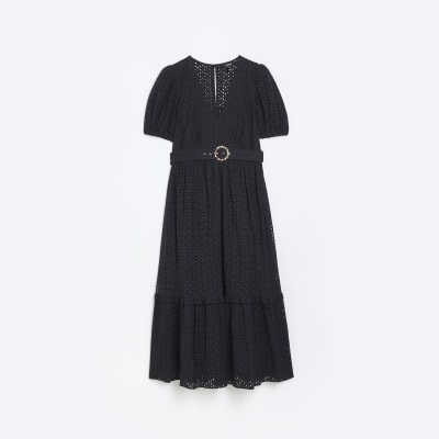 Black Broderie Belted Swing Midi Dress River Island