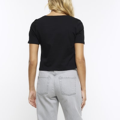 Black Diamante Trim Crop T Shirt River Island