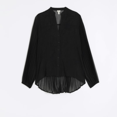 Black Embroidered Plisse Sleeve Shirt River Island