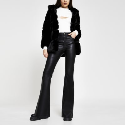 Black Faux Leather Bootleg Trousers River Island