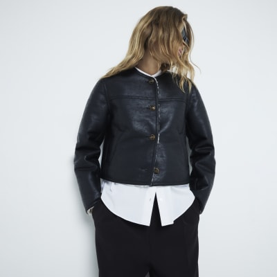 Black Faux Leather Trophy Jacket | River Island