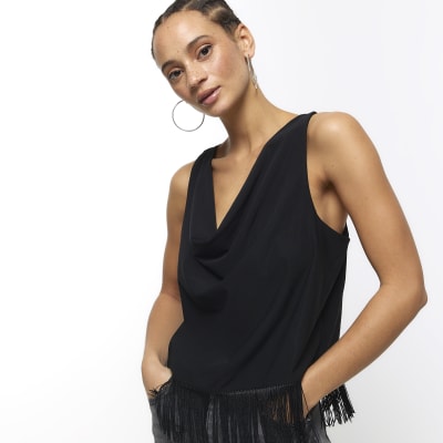 Black fringe hem cowl top | River Island