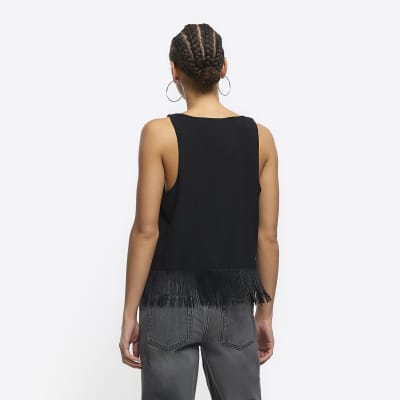 Black fringe hem cowl top | River Island