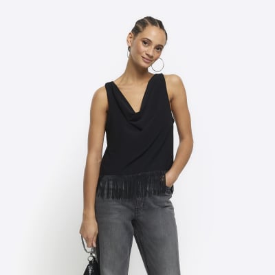 Black fringe hem cowl top | River Island