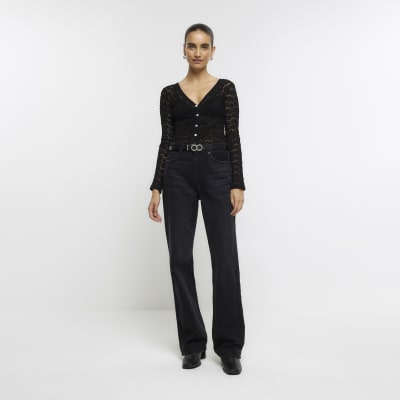 Black Lace Long Sleeve Bodysuit River Island