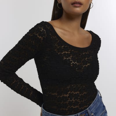 Black Lace Long Sleeve Top River Island