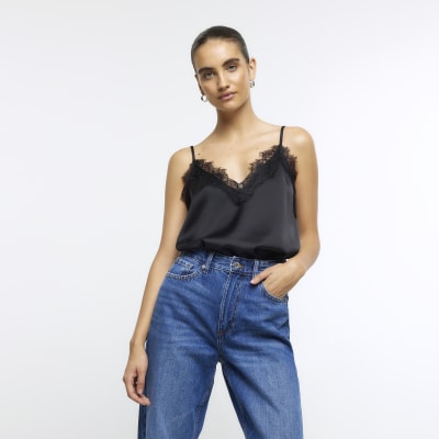 Black Lace Trim Cami Top River Island