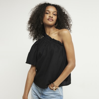 Black linen blend one shoulder top | River Island