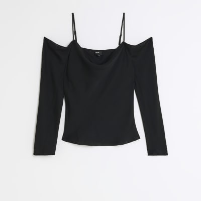 Black Long Sleeve Cold Shoulder Top River Island