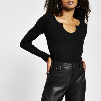 Black Long Sleeve Notch Neckline Top River Island