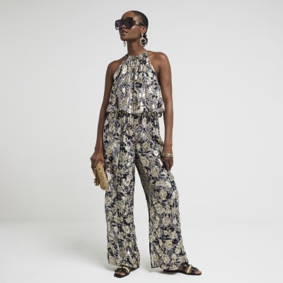 Black metallic halter neck jumpsuit | River Island