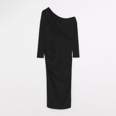 Black Off Shoulder Bodycon Midi Dress River Island