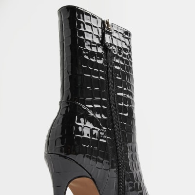 Black Patent croc embossed heeled Boots | River Island