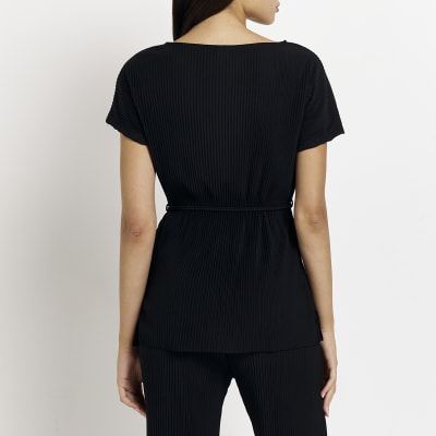 Black plisse belted top | River Island