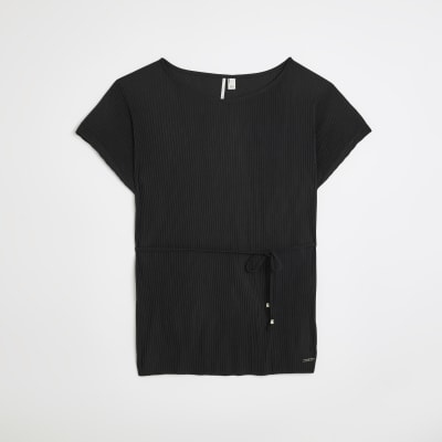Black plisse belted top | River Island