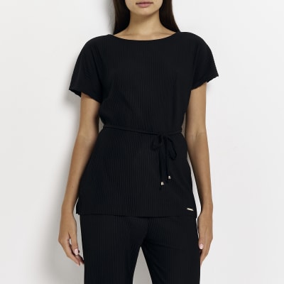 Black plisse belted top | River Island