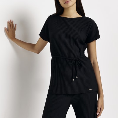 Black plisse belted top | River Island