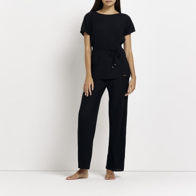 Black plisse belted top | River Island