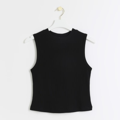 Black rib high neck tank top | River Island
