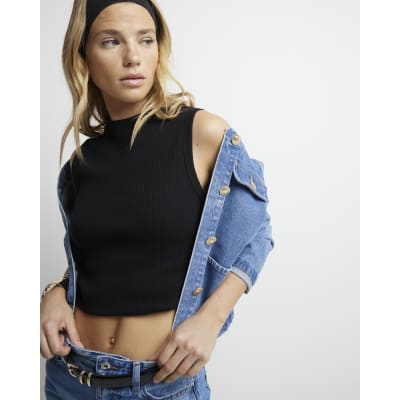 Black rib high neck tank top | River Island