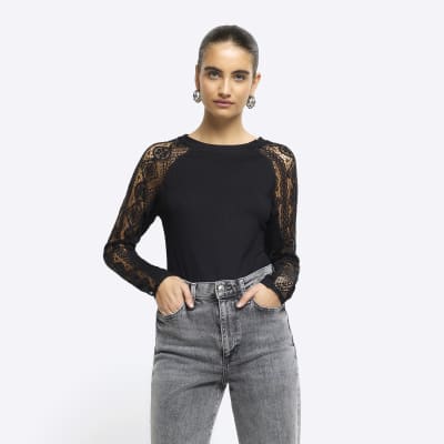 Black rib lace long sleeve top | River Island
