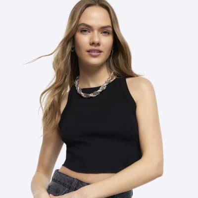 Black ribbed crop racer top | River Island